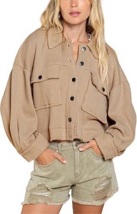 Generic Vestes courtes à boutons pour femmes, chemises dautomne à manches longues, vestes légères avec poches, kaki, S