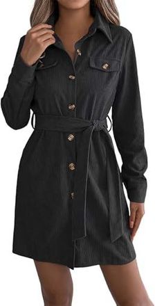 Generic Robe dautomne mi-longue pour femme - Ouverture boutonn&eacute;e - Jupe de f&ecirc;te d&eacute;contract&eacute;e - Coupe ajust&eacute;e, Noir, XS