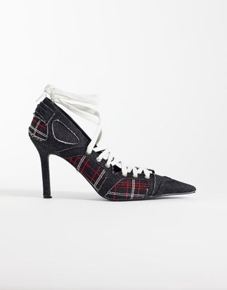 Azalea Wang Azalea Wang Firestring escarpins sportifs &agrave; talon &agrave; lacets en denim et &agrave; carreaux-Bleu