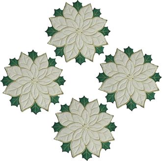 NUOBESTY 4 St&uuml;ck Bestickte Weihnachtsstern Tischsets 40cm Isolierende Platzsets aus Silber Wei&szlig;em Leinen mit Schaumstoff Wiederverwendbare Weihnachtstischmatte