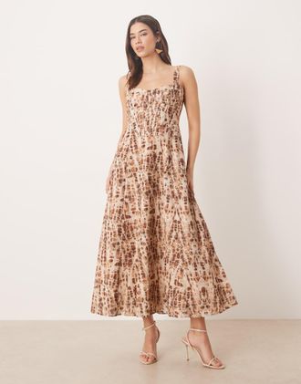 Bardot Robe patineuse mi-longue cintr&eacute;e &agrave; d&eacute;tail corset et imprim&eacute; abstrait - Marron-Brown