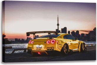 Annick Goutal Moderne Malerei Nissan GTR Gelber Supersportwagen Und Sonnenuntergang Toronto Stadtbild Wandkunst Sportwagen Poster Leinwanddruck F&uuml;r Schlafzimmer Hau