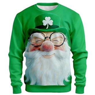 Generic Pull de la Saint-Patrick pour homme - Vert - Pull &agrave; manches longues - Tr&egrave;fle irlandais - Sweat-shirt graphique sans capuche - Col rond - Impression 3D