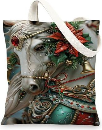 Generic Sacs fourre-tout en toile motif cheval, sacs de courses réutilisables, vintage, festif, léger, lavable, bandoulière en toile F, multicolore, 13x15 Inc