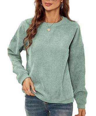 Generic Sweat-shirt &agrave; col rond en velours c&ocirc;tel&eacute; pour femme - Manches longues - &Eacute;paules tombantes - Pull d&eacute;contract&eacute;, Vert, L