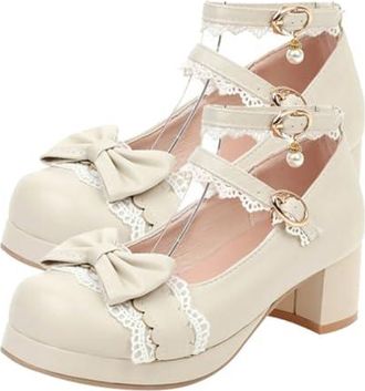 Vosarea Chaussures &agrave; Talons &Eacute;pais Femme Beige 39 Style Lolita Noeud en Dentelle Bout Rond Chaussures en Cuir Respirantes pour &Eacute;tudiantes et Tenues D&eacute;contract&eacute;