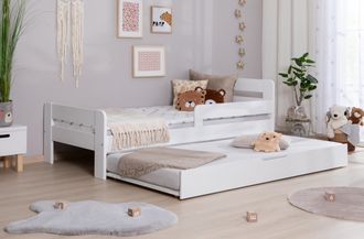 Ticaa Einzelbett Kinderbett Jugendbett, Bennet mit Zusatzbett Rausfallschutz f&uuml;r Schlafzimmer, Kinderzimmer Kiefer Massivholz Bettgestell 90/120 x 200 cm