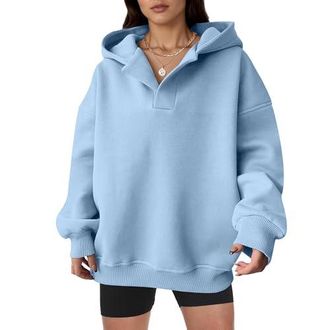 Generic Sweat &agrave; capuche surdimensionn&eacute; pour femme, col en V, polaire, manches longues, parfait pour lautomne et lhiver, bleu clair, XXL