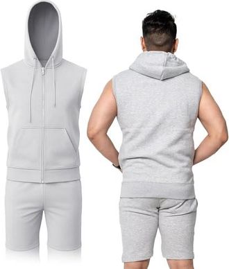 Noroze Ensemble sweat à capuche et short sans manches pour homme avec fermeture éclair 2 pièces Style Juliette S à 2XL, Mel Grey, XL