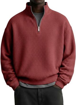 Generic Sweat-shirt gaufré pour homme avec fermeture éclair 1/4 à manches longues, pull décontracté, ample, hippie, streetwear, col montant, couleur unie, swe