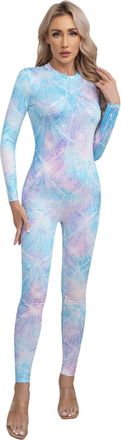 TiaoBug Damen Meerjungfrau Badeanzug Wetlook Bademode Fisch Schuppen Print Langarm Body Tops Sexy Jumpsuit Overalls Einteiler Reizw&auml;sche Typ I S