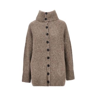 Emporio Armani Cardigan en maille c&ocirc;tel&eacute;e &agrave; col montant - Femme - Pulls - Brun - Taille: 40 FR