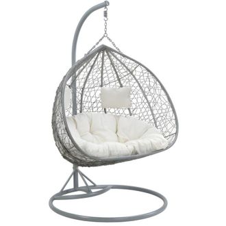 Vente-Unique Fauteuil suspendu 2 places en r&eacute;sine tress&eacute;e - Gris avec coussins blancs - CAYAMBE de MYLIA
