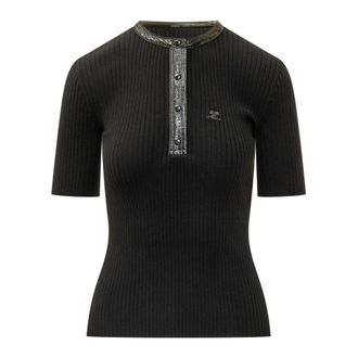 Courr&egrave;ges Vinyl Und Strick Polo - - Tops - Damen - Schwarzk - XS