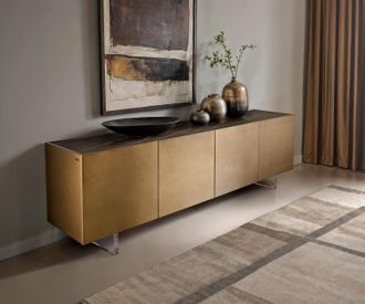 DELIFE Sideboard Kazu 220 cm Metallic Gold 4 T&uuml;ren Acrylfu&szlig; Keramik LaminamNoir Desir Braun, Sideboards