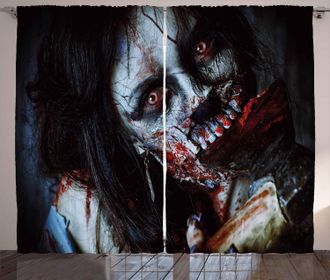 Abakuhaus Zombie Rustikaler Gardine, Blutige Axt Frau, Schlafzimmer Kr&auml;uselband Vorhang mit Schlaufen und Haken, 280 x 260 cm, Mehrfarbig
