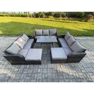 Fimous Rattan Gartenm&ouml;bel Set 11-Sitzer Rechteckiger Tisch 2 hohen Hockern Dunkelgrau Gemischt - Fimous