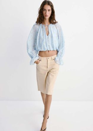 Mango Blouse crop imprim&eacute; fleuri bleu - Femme - S - MANGO
