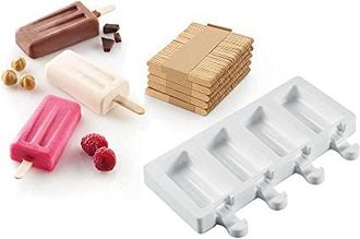 Silikomart | GEL10M Silikon-Eiscremeform MINI VINTAGE, antihaftbeschichtet, 4 Hohlräume, Packung mit 1 Kuchenform + 50 Holzstäbchen, Easy Ice Cream, 93 x 48 mm, 