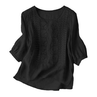 Generic Chemisiers en lin pour femme - D&eacute;contract&eacute; - Vintage - Broderie - Manches 3/4 - Col rond - Manches courtes - Tendance - V&ecirc;tements boh&egrave;mes, Noir, XXL
