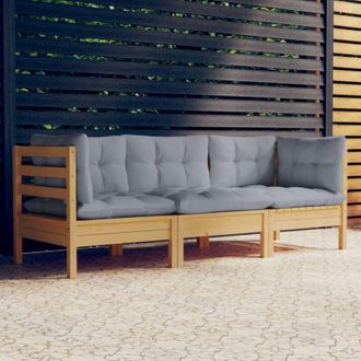 vidaXL 3-Sitzer-Gartensofa mit Grauen Kissen Massivholz Kiefer vidaXL