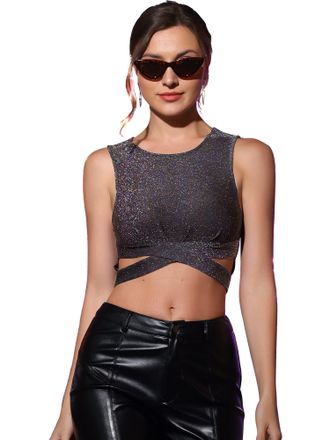 Allegra K Damen Crop Top &Auml;rmellos Cut Out Kreuzgurte Oberteil Glitzer Party Bauchfrei Top Dunkelgrau L