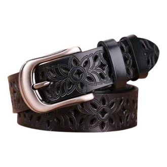 Generic Ceinture r&eacute;tro pour femme - Fleurs creuses - En cuir - Pour jeans - Large ceinture avec boucle en m&eacute;tal - &Eacute;charpe - Bonnet - Ensemble fille, Noir, L