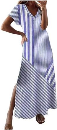 Generic Robes amincissantes d&eacute;t&eacute; pour femmes, manches courtes, col en V, ourlet fendu, coupe ajust&eacute;e, 2026, bleu, S