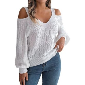 Generic 2026 Printemps Femmes Automne Hiver Casual Couleur unie &Eacute;paule D&eacute;nud&eacute;e Pull Manches, blanc, S