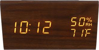 BESPORTBLE Dreieckiger Holz wecker mit LED Display Einstellbarer Helligkeit Temperatur Feuchtigkeitsanzeige Sprachgesteuert Digitaler Schreibtischwecker für Schl