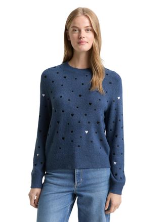 Tom Tailor Damen 1049088 Relaxed Fit Strickpullover mit Stickereien, 39192-Blue Black Dots and Hearts, XXL