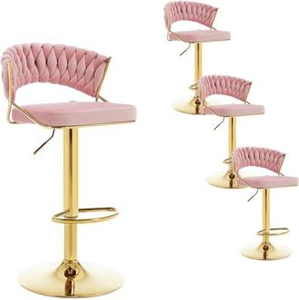 Woltu Lot de 4 Tabouret de Bar avec Dossier Tissé et Repose-Pieds, Tabouret Pivotant, Hauteur Réglable, Base Évasée en Métal + Siège en Velours, Rose, BH427