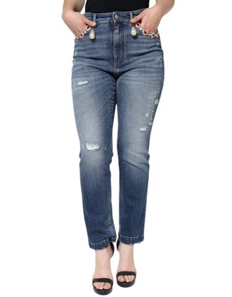Dolce & Gabbana Womens Dark Blue Cotton Tattered Skinny Denim Jeans Elastane Clothing
