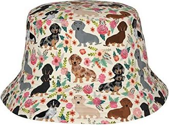 Generic Personnalisé Seau Chapeau Imprimé de teckels et de Chiens saucisses à Fleurs Roses Chapeaux de Visière Imprimé Bobs Homme pour Chasse Sports Golf