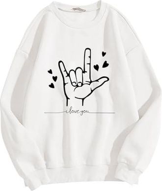 Generic Sweat-shirt &agrave; manches longues et col rond imprim&eacute; coeur I You pour femme, blanc, XXL