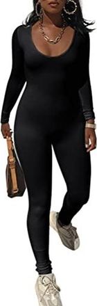 ORANDESIGNE B Noir Combinaisons de Yoga Femme Tricot Côtelé Col Carré Slim Sexy Overall Extensible Manches Longues Sports Entraînement Rembourrage de Silhouette C