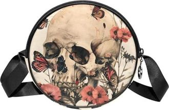Generic Petit sac &agrave; bandouli&egrave;re rond pour femme, motif t&ecirc;te de mort, floral, avec fermeture &eacute;clair, bretelles r&eacute;glables, sac &agrave; main rond d&eacute;contract&eacute; pour femm
