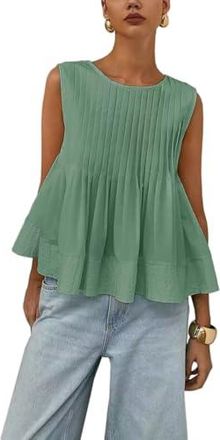 Generic Haut p&eacute;plum pliss&eacute; sans manches pour femme, d&eacute;bardeur d&eacute;t&eacute; &agrave; volants, chemisier nuisette d&eacute;contract&eacute;e fronc&eacute;e fluide, Vert, XS
