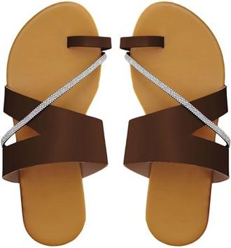 Generic Tongs pour femme - Noir - Sandales d&eacute;t&eacute; confortables - Pour la plage - Sandales d&eacute;contract&eacute;es creuses - Chaussures plates - Talon argent&eacute;, caf&eacute;, 37 EU
