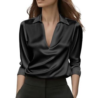 Generic Chemisier en satin pour femme avec noeud papillon et manches longues - Haut habillé pour le travail, Z03-noir, XXL