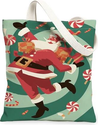 Generic Sacs fourre-tout en toile de No&euml;l, motif P&egrave;re No&euml;l festif, sacs de courses r&eacute;utilisables, l&eacute;gers et lavables avec bandouli&egrave;re en toile pour cadeaux, v