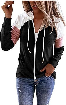 Generic Vestes pour femmes 2026 pour femmes, coutures color&eacute;es, manches longues, veste &agrave; capuche zipp&eacute;e, veste ample pour le sport, manteau quotidien, Noir, X