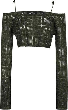 GCDS Gcds, Femme, Tops, Vert, Taille: 40 FR Crop Top Tricoté en Maille avec Fibres Métalliques