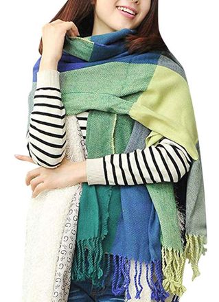 Heekpek Damen Kariert Oversized Kaschmir Schal Lange Winterschal Weich Wraps Groß Karo Fransen Schal Warm Schal für Herbst Winter, Blaues grün