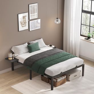 Vasagle Bett 140 x 190 cm, G&auml;stebett mit Aufbewahrungsregalen, Doppelbett, Bettgestell aus Metall, Bettrahmen, Metallbett, einfache Montage, klassikschwarz RM