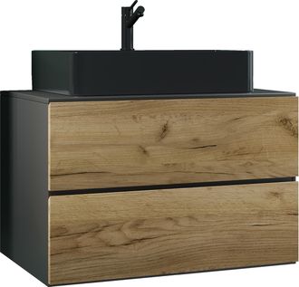 VCM 2-TLG. Waschplatz Waschtisch | schwarzes Waschbecken Unterschrank Breite 80 cm | Badmöbel Set mit Schubladen | Lendas S BL