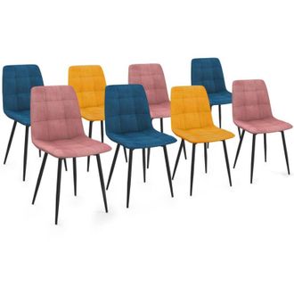 IDMarket Lot de 8 chaises MILA en velours mix color bleu x3, rose x3, jaune ocre x2