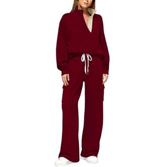 Generic V&ecirc;tements de sport 2 pi&egrave;ces pour femme - Pull &agrave; manches courtes - Pantalon large - Costume d&eacute;contract&eacute; - Ensemble de sport en polaire pour femme, bord