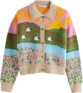 Next Strickjacke Strickjacke mit Knopfleiste und Landschafts-Print (1-tlg)