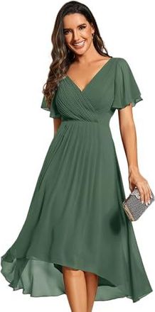 Ever-pretty Robe Femme Été A Line High Low Col V Manches Courtes pour Mariage Mère Vert Eucalyptus 50